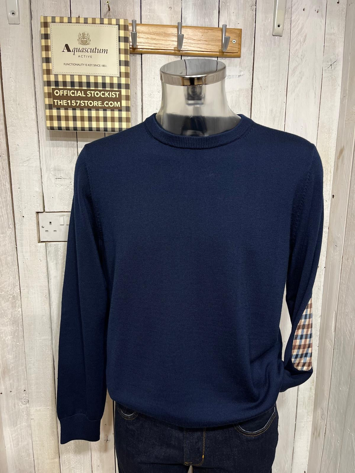Aquascutum Vault Merino Wool Knit - Navy - Elbow Patches (Sample ...